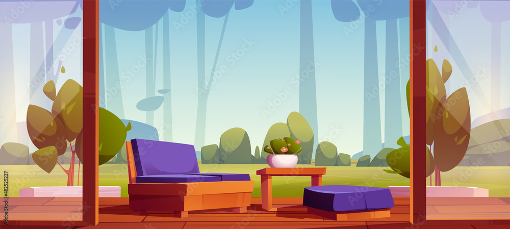 Home terrace with forest view, cozy sofa and ottoman stand on patio ...