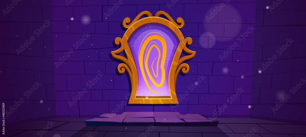 Magic mirror in golden frame on stone wall at night. Vector cartoon ...