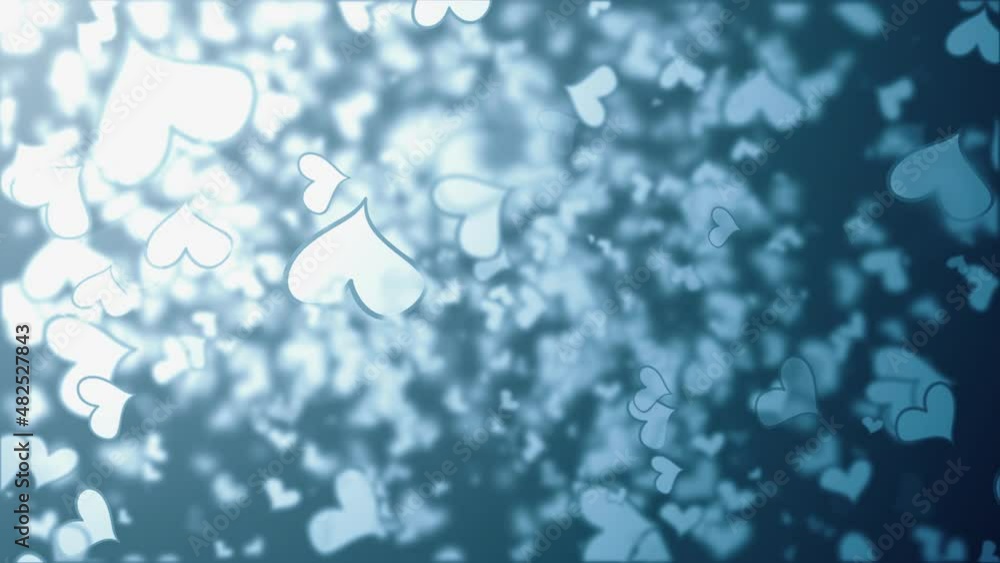 4K looping flow falling glowing many blue heart on dark blue background ...