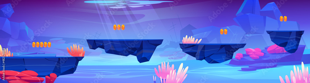 Game level background with platforms underwater in sea. Vector 2d ...