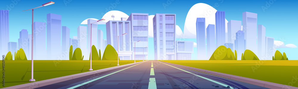 Road to city with buildings and skyscrapers on skyline. Vector cartoon ...