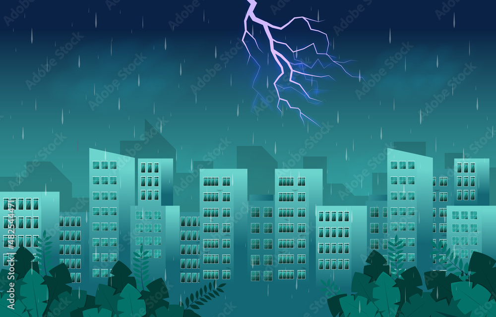 Thunder Storm Lightning Rainy Weather City Building Skyline Cityscape ...