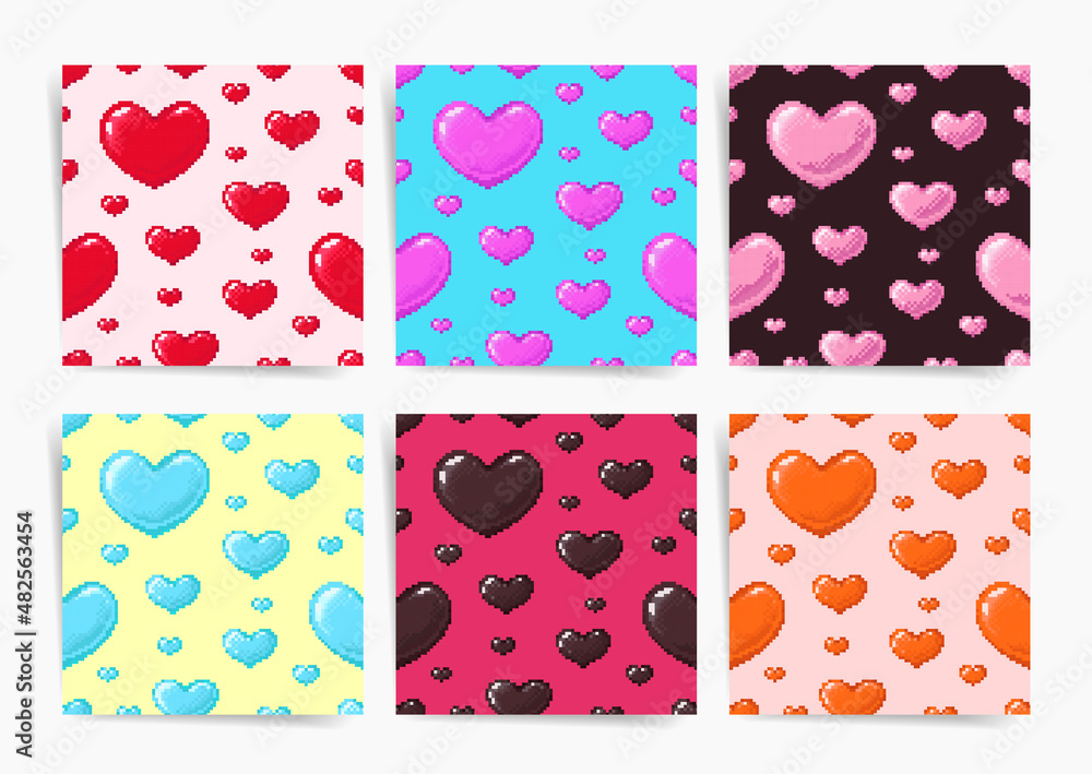 Pixel art hearts seamless patterns. Saint Valentine Day backgrounds set for geeks and gamers. 8 ...