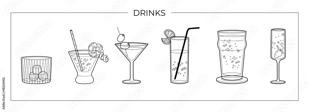 Vector set of alcohol drinks line art illustration. Vector illustration ...