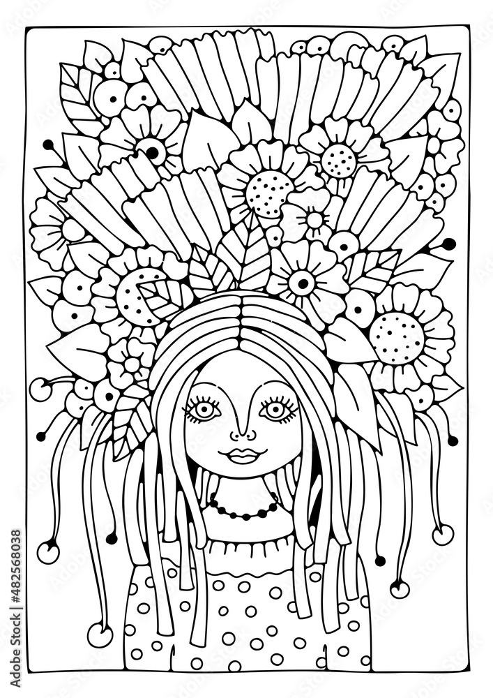Coloring page for children and adults. A girl with a huge wreath of ...