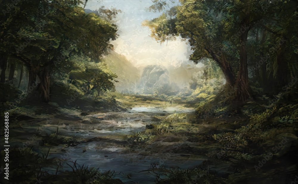 Beautiful magical forest fabulous trees. Forest landscape, sun rays ...