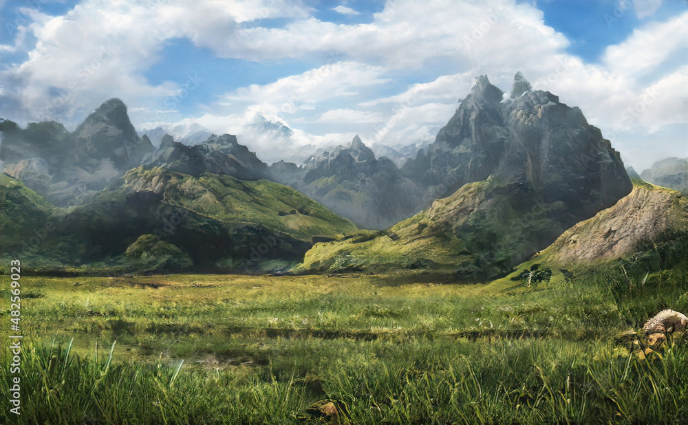 Panoramic landscape of fabulous mountains, mountain peaks amazing view ...