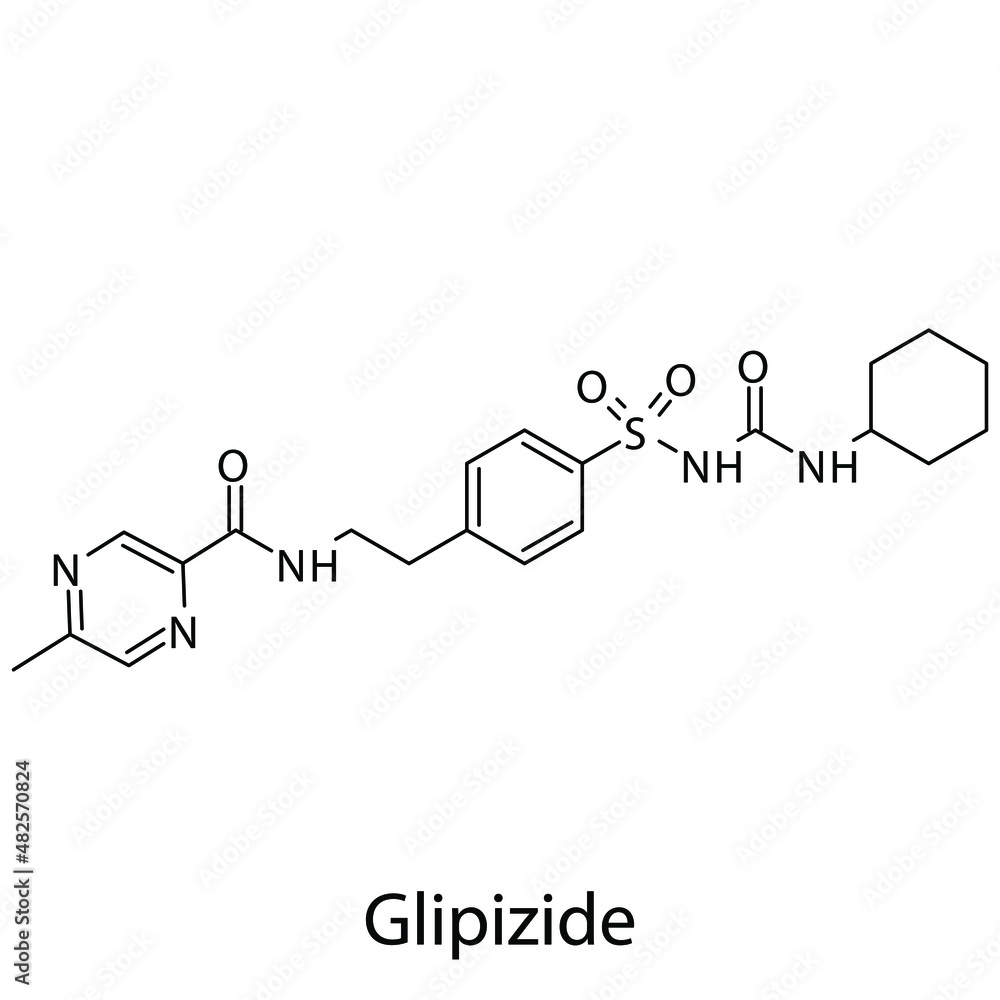 Glipizide molecular structure, flat skeletal chemical formula ...