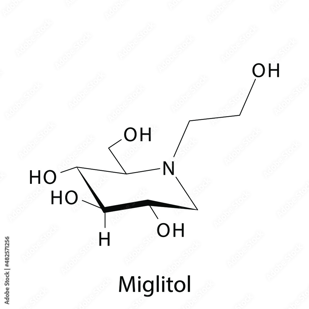 Vetor de Miglitol molecular structure, flat skeletal chemical formula ...