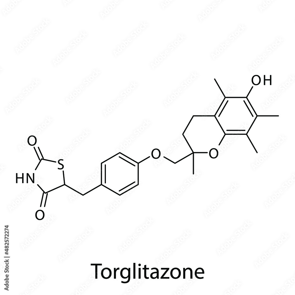 Torglitazone molecular structure, flat skeletal chemical formula ...
