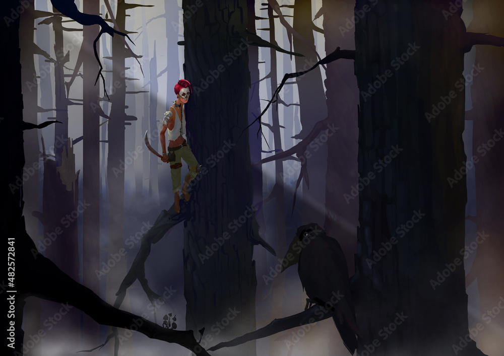 Horror illustration. Mysterious dark forest in the fog. A masked figure ...