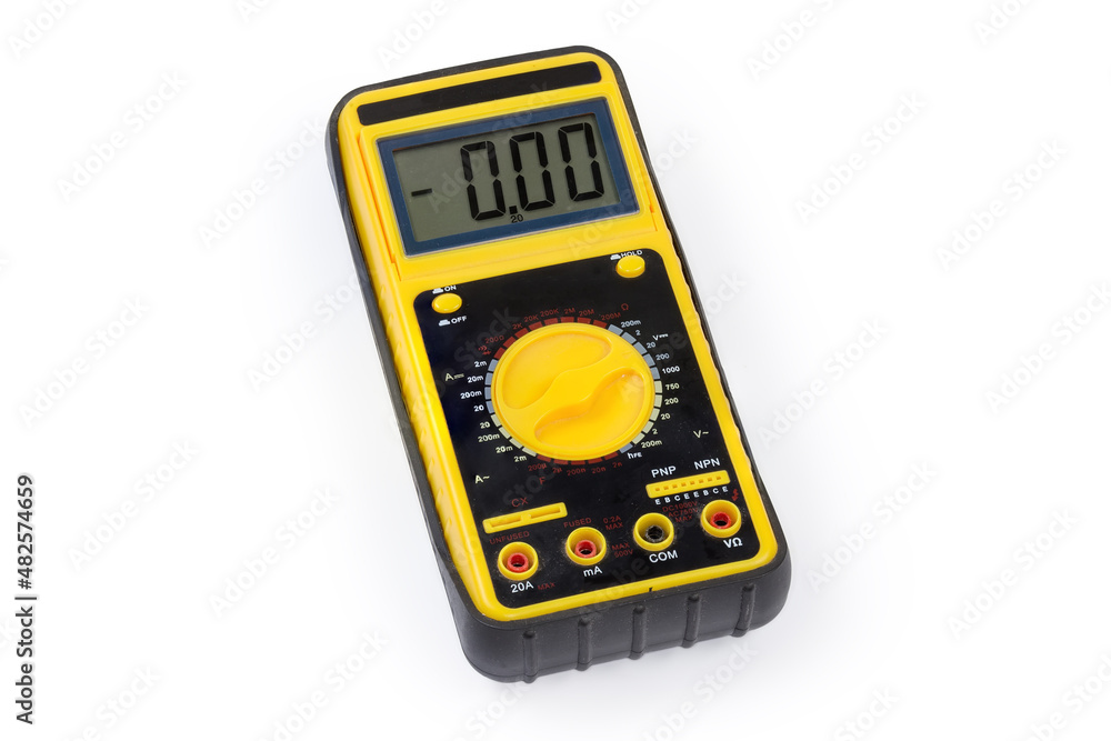 Modern universal digital multimeter in rubber cover on white background ...