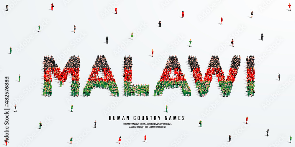 A large group of people stands, making up the word Malawi. Malawi flag ...