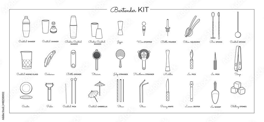 Vector bartender equipment set. Vector line art illustration Stock ...