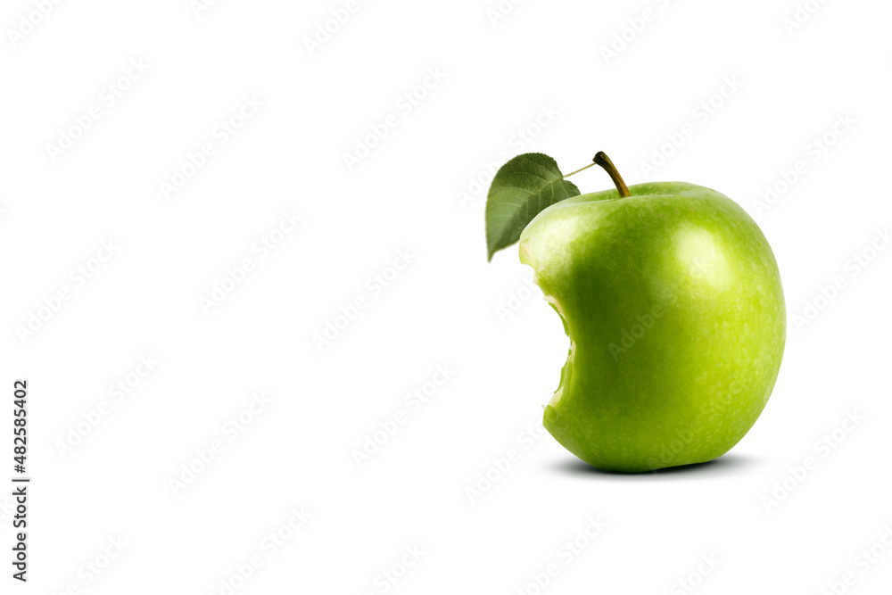 Bitten Green apple with a leaf on a white background. Stock Photo ...