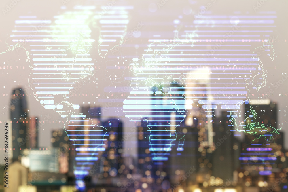 Abstract creative digital world map on blurry skyscrapers background ...