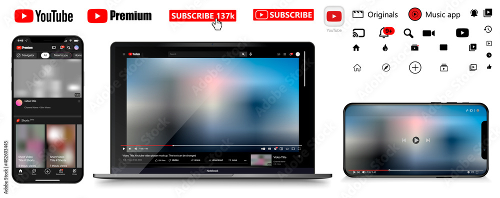 Template video frame. Youtube video player layout. Video content mockup ...