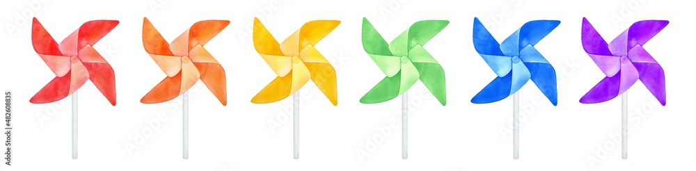 Watercolour illustration collection of colorful pinwheels in rainbow ...