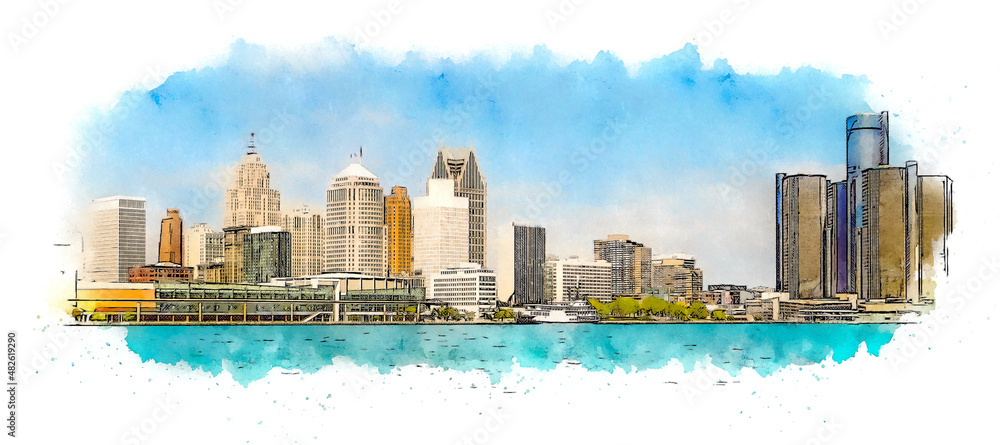 Downtown Detroit Skyline, watercolor sketch illustration. Stock ...