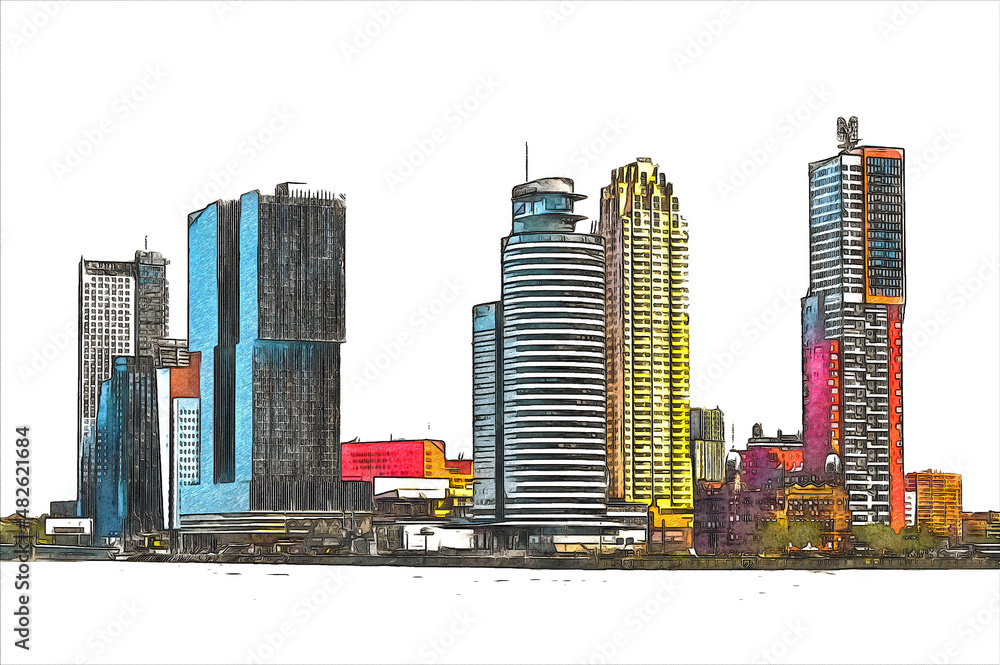 Downtown Rotterdam, Netherlands Skyline, color pencil style sketch ...