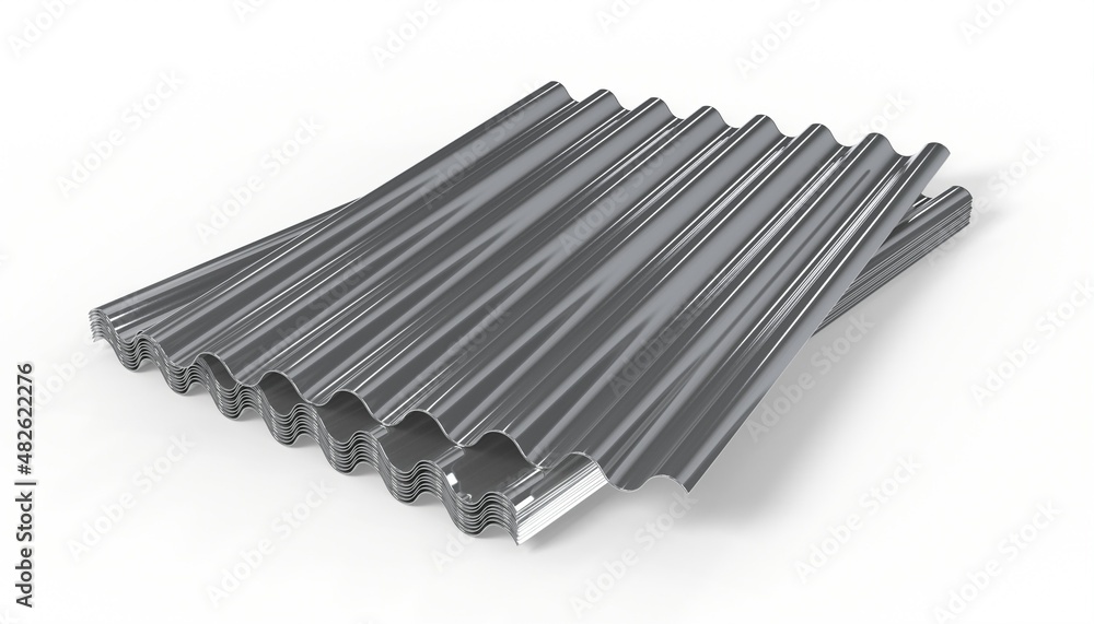 3d render illustration steel metal zinc galvanized wave sheets for roof ...