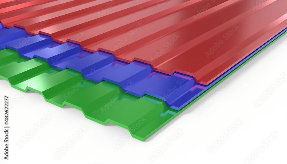 3d render illustration steel metal zinc galvanized wave sheets for roof ...