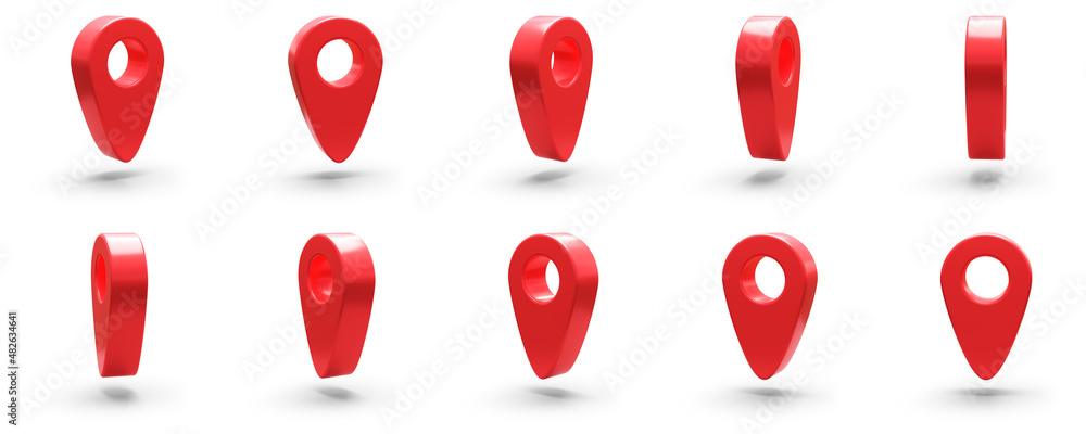 10 different versions of a red location pin with shadow being rotated ...