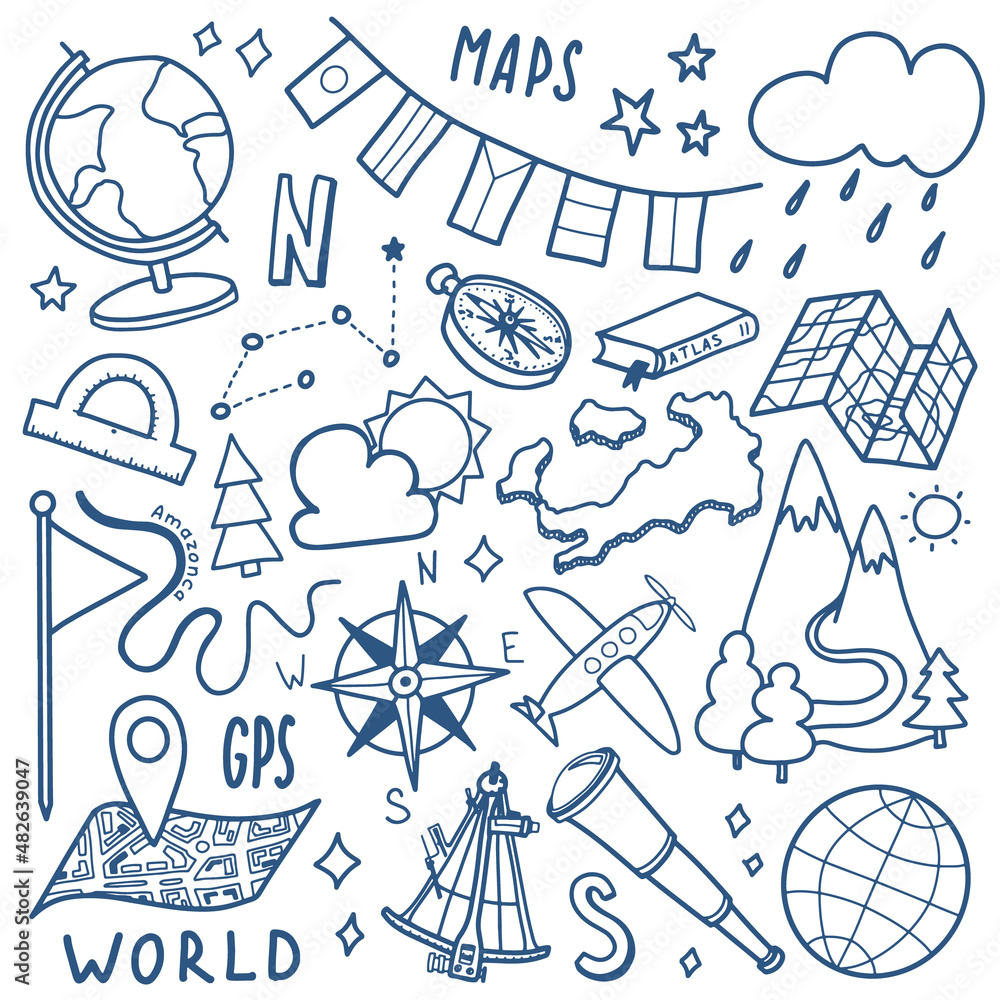 Geography or travel doodle icons set. School subject sign and symbol ...