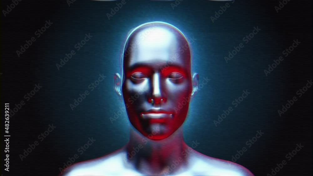 Abstract chrome metal human body with moving face on black background ...