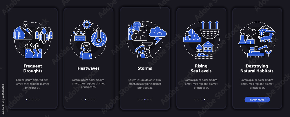 Effects of climate change night mode onboarding mobile app screen ...