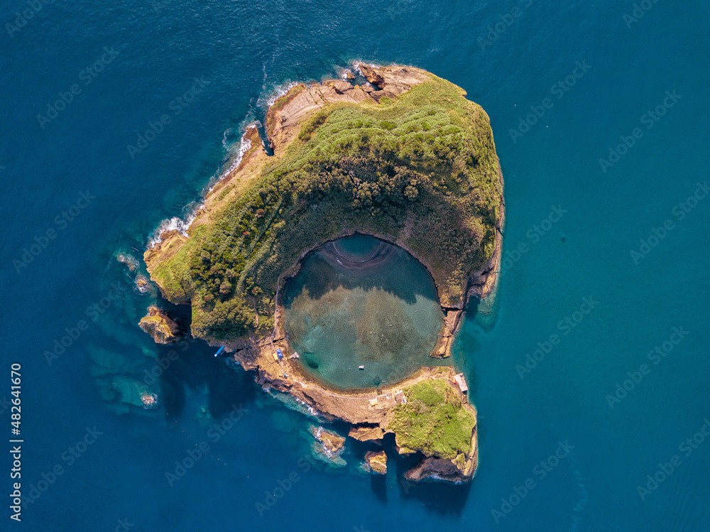 Azores aerial panoramic view. Top view of Islet of Vila Franca do Campo ...