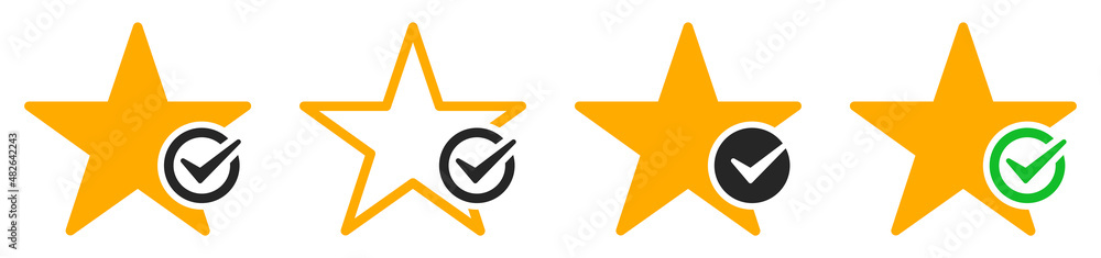 Set of star favorite icons with confirmation checkmark. Star and tick ...