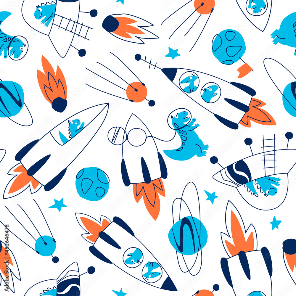Seamless pattern of dinosaurs in space on a white background. The ...