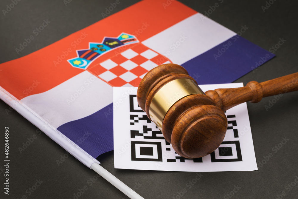 Judicial gavel, barcode sheet and Croatian flag, the concept of ...