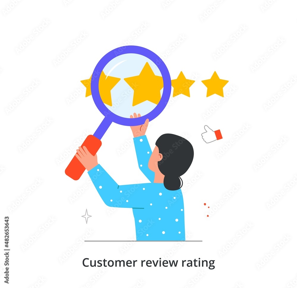 Customer review rating concept. Woman holds magnifying glass and ...