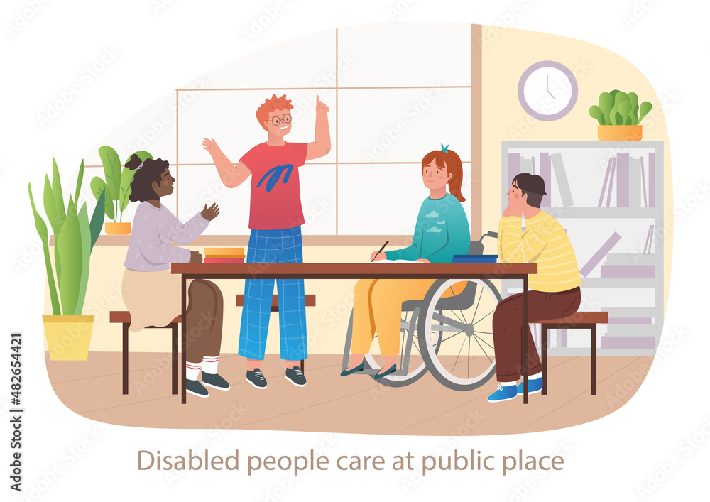 Person with disabilities in public place. Little girl in wheelchair ...