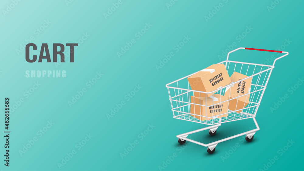Shopping carts and Parcel boxes on green white background. Shopping ...