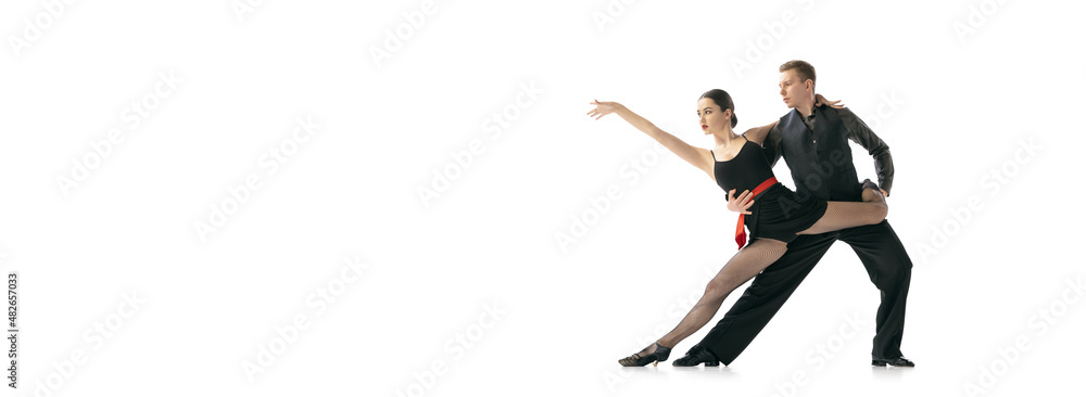 Horizontal flyer with flexible young dancers dancing Argentine tango ...