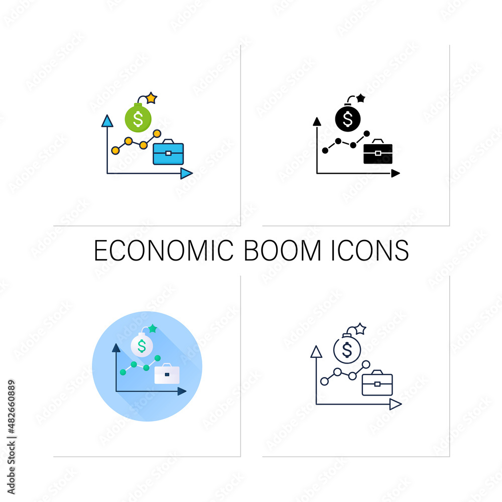 Economic boom icons set. Upswing, upturn, and growth period. Profitable ...
