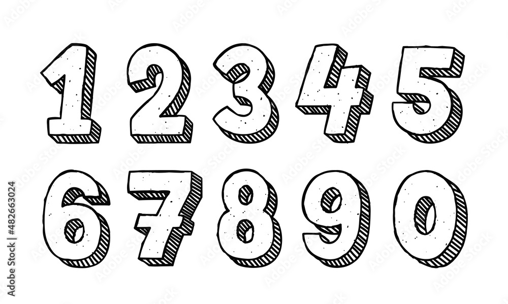 Set of hand drawn numbers. Doodle alphabet with objects from 0 to 9 ...
