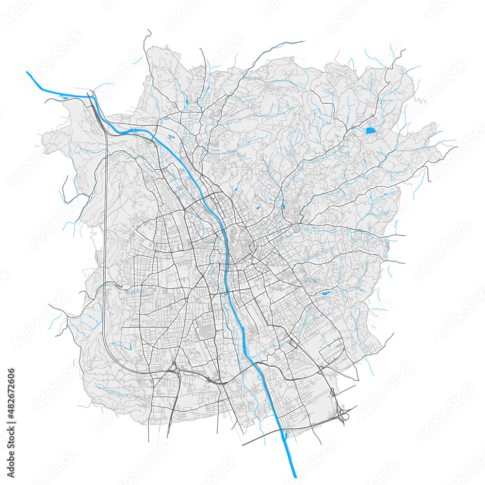 Fototapeta mapa świata dla dzieci Graz, Austria Black and White high resolution vector map ...