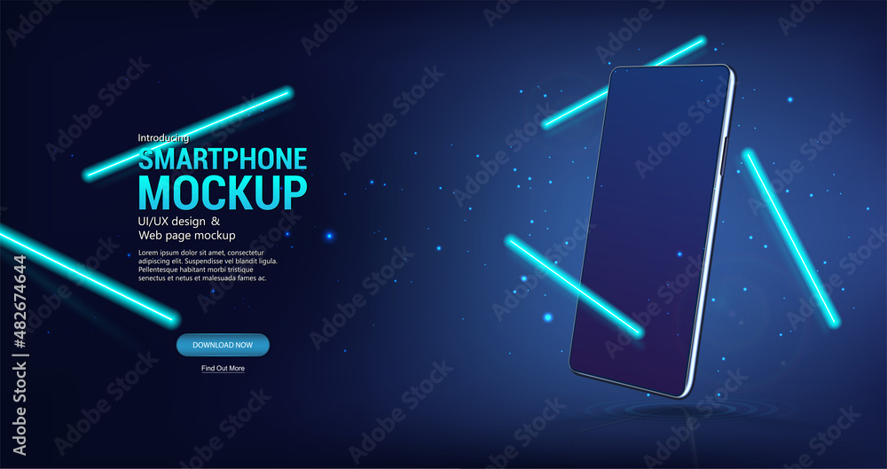 Modern neon background with Mockup smartphone in perspective. Realistic ...