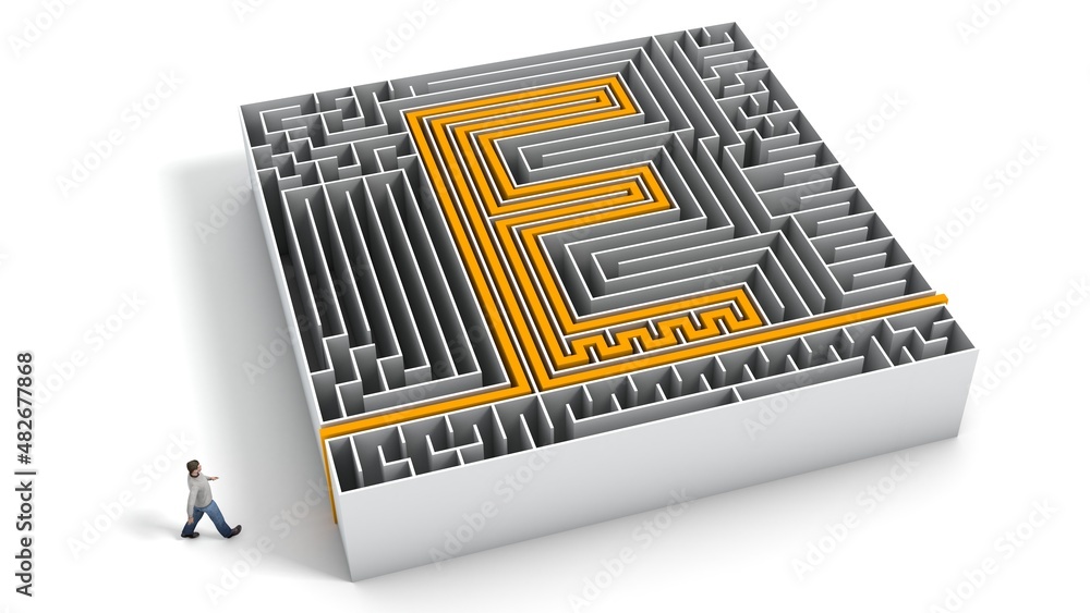 3D illustration of E-shaped maze with a man entering Stock Illustration ...