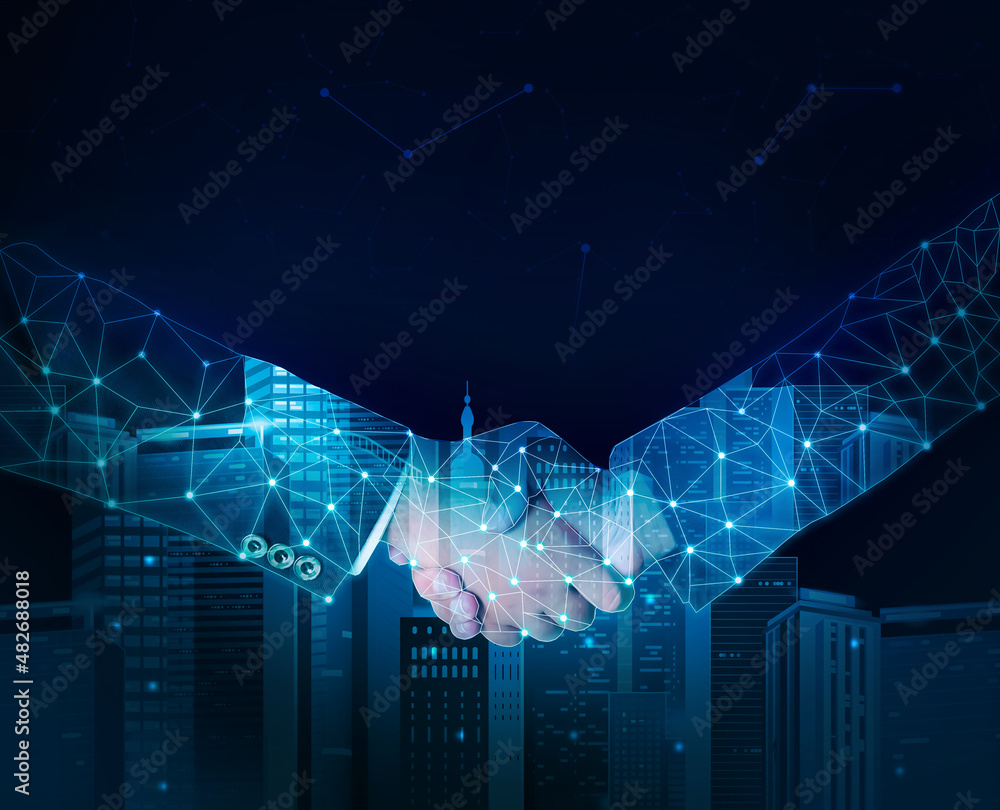 Handshake Close up with Technology Buildings and Abstract Background ...