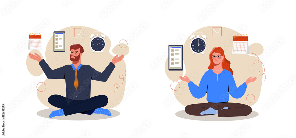 Self discipline or self control. Set of man and woman sit in lotus ...