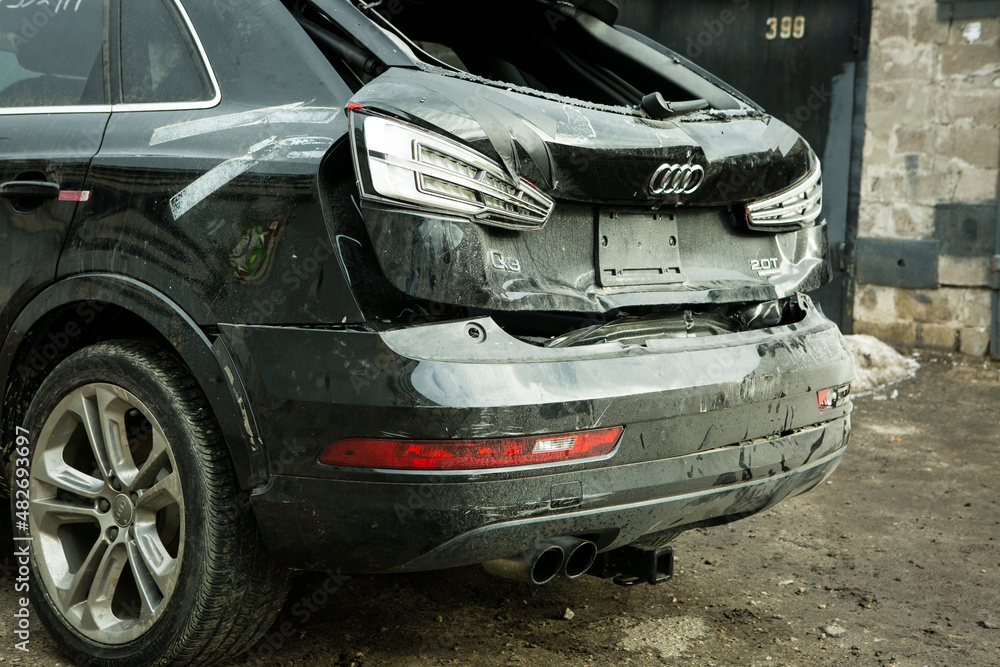 AUDI Q3 in black after an accident. Accident hit from behind with ...