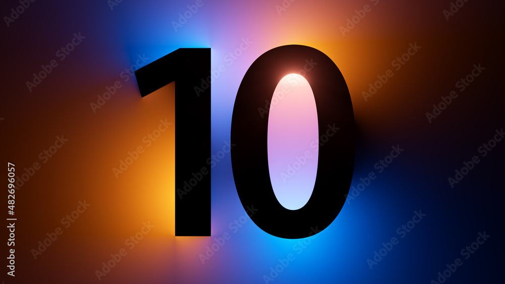 3d render, number ten silhouette, digital math symbol, illuminated with ...