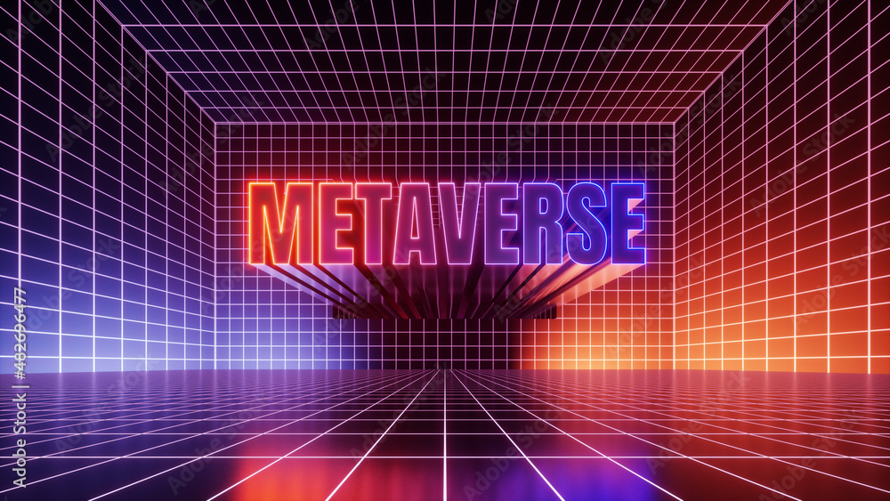 3d render, abstract futuristic background. Metaverse sign glowing with ...