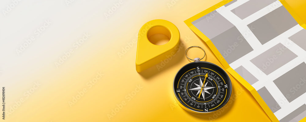 compass, map, pin located on the right on a yellow-white flat ...