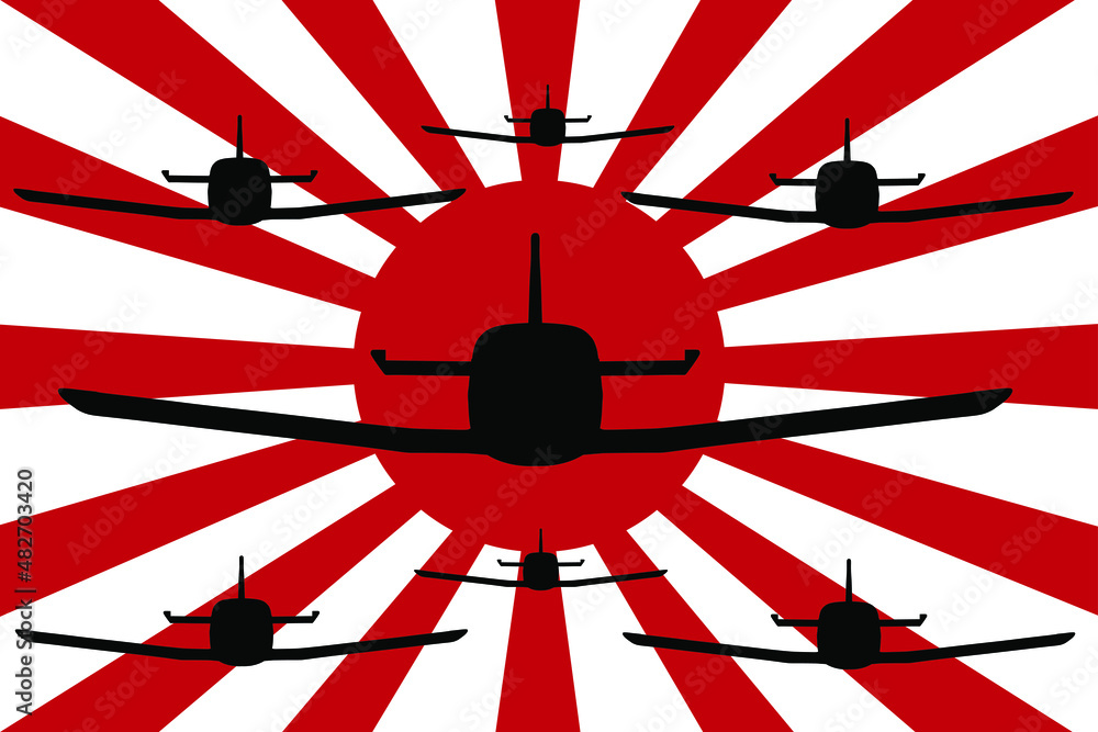 Kamikaze plane Zero in formation silhouette. Squadron aircraft in ...